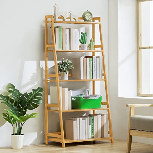 MoNiBloom Ladder Shelf, Bamboo 5 Tier Multi-Functional Book Shelf Storage Rack Organizer, Plants Stand Display Shelf for Living Roon Garden Balcony Bedroom, Natural