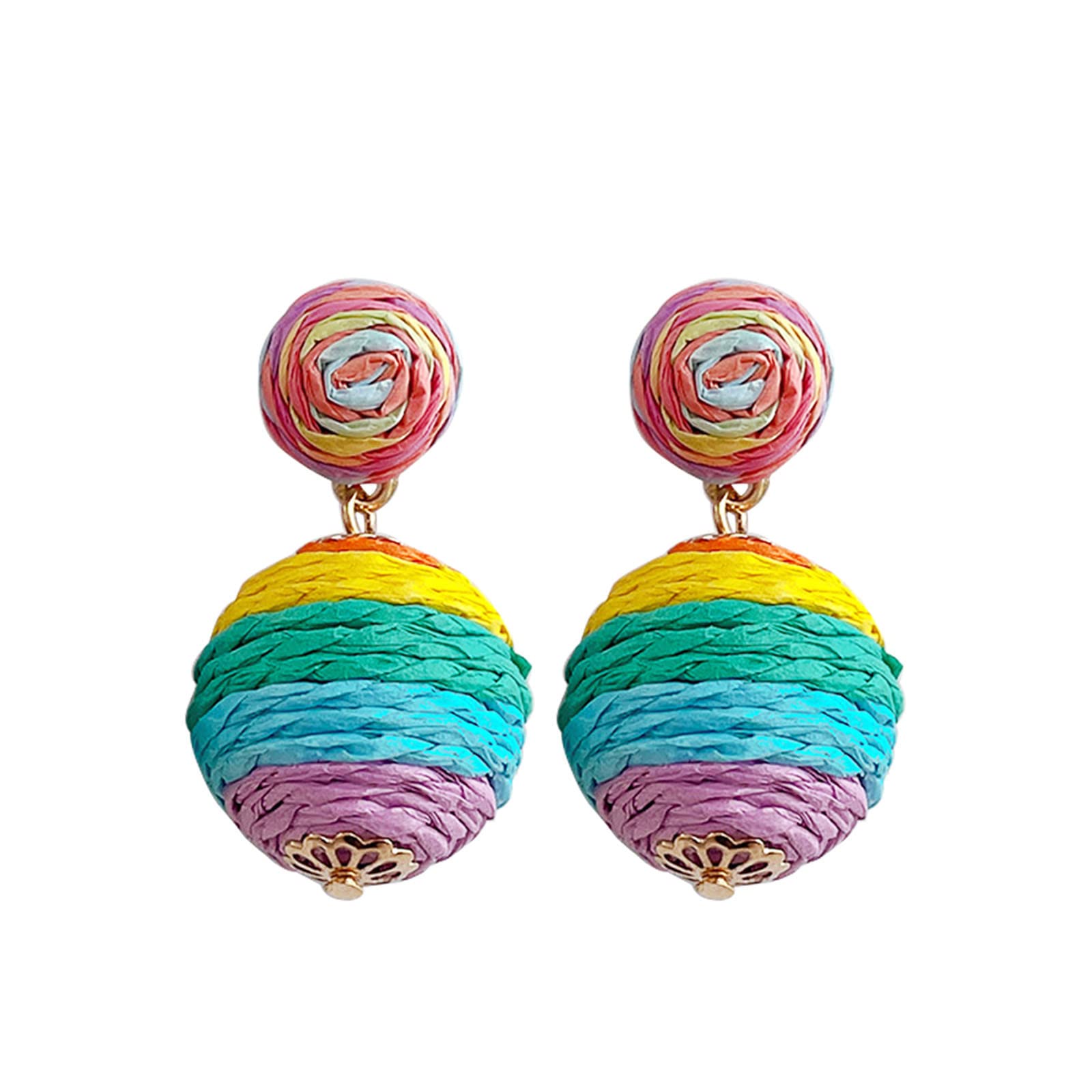Bohemian Woven Rattan Straw Wicker Raffia Ball Drop Dangle Earring for Women Handmade Lightweight Statement Geometric Round Earring Retro Boho Summer Beach Jewelry-K rainbow-2