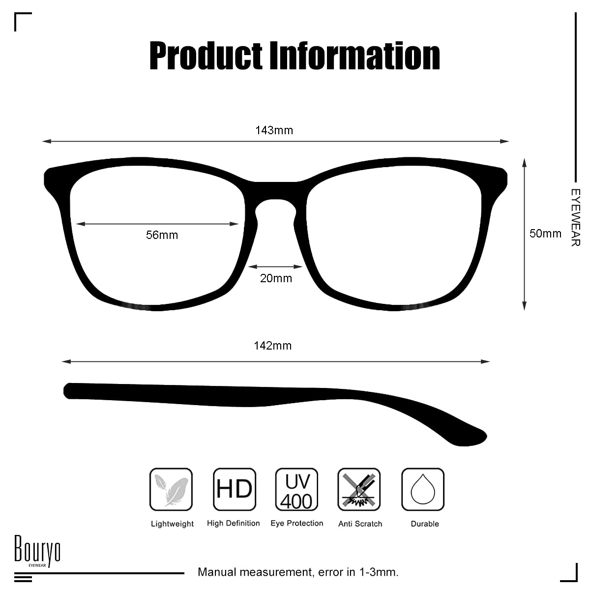 Bouryo Retro Sunglasses Aviator Eyeglasses Classic Vintage Square Frame 70s for Women Men,UV Protection