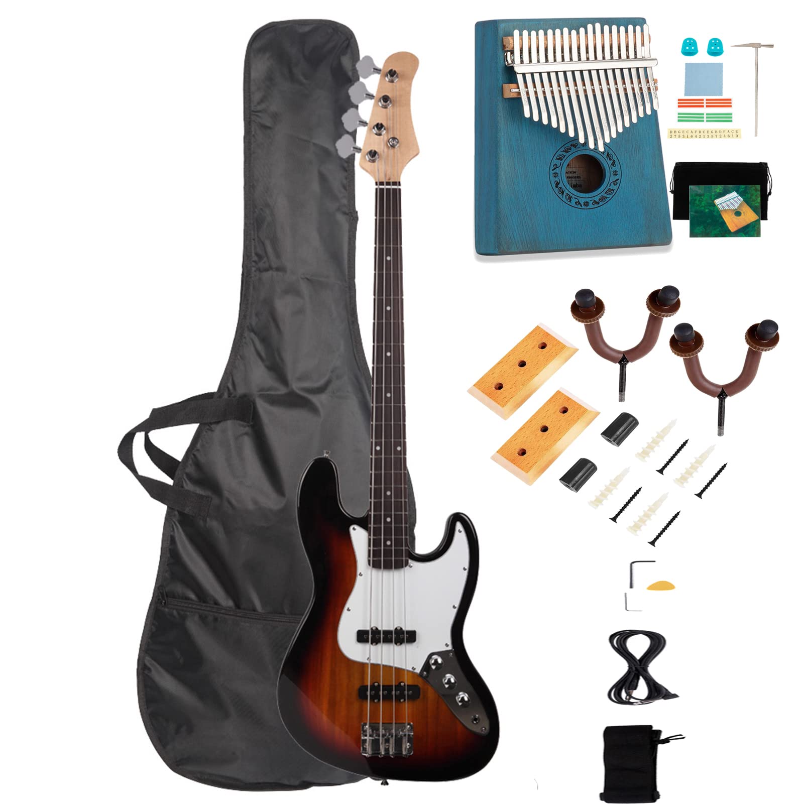 PURELOVEE 45 Inch Electric Bass Guitars Beginner Kit, Full Size 4 Strings Bass Guitar with Gig Bag, Guitar Hanger Hook, Finger Hand Piano, Guitar Strap, Pick and Guitar Cable