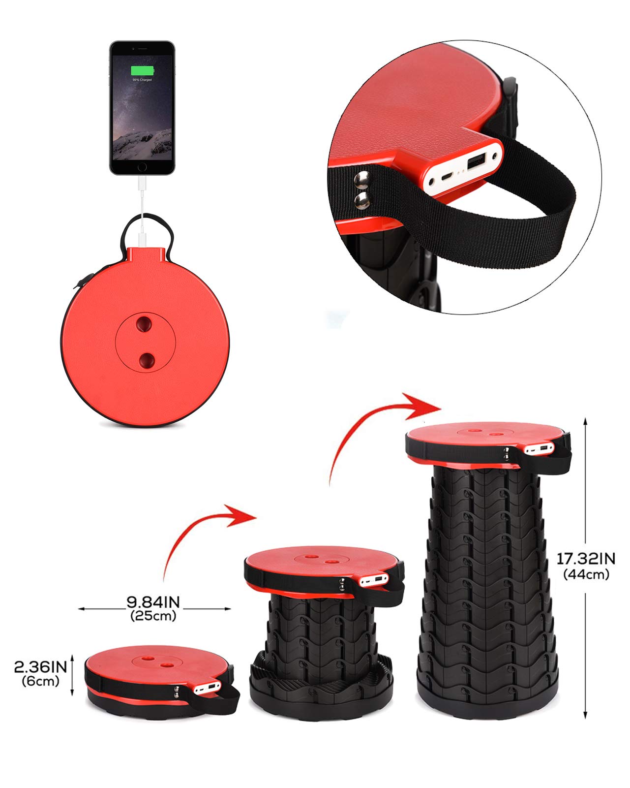 Arcwares Portable Charging Stool with Power Bank and USB Nightlight, Collapsible Retractable Folding Camping Stool Seat for Indoor Outdoor, 4400 mAh Charger for iPhone Android