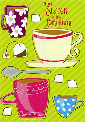 Designer Greetings Coffee and Tea Cups on Green Diagonal Stripes Birthday Card for Sister