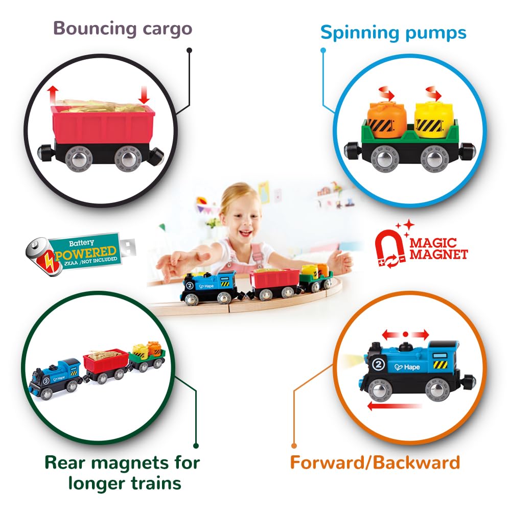 Hape Battery Powered Engine Set | Colorful Wooden Train Set, Battery Operated Locomotive with Working Lamp