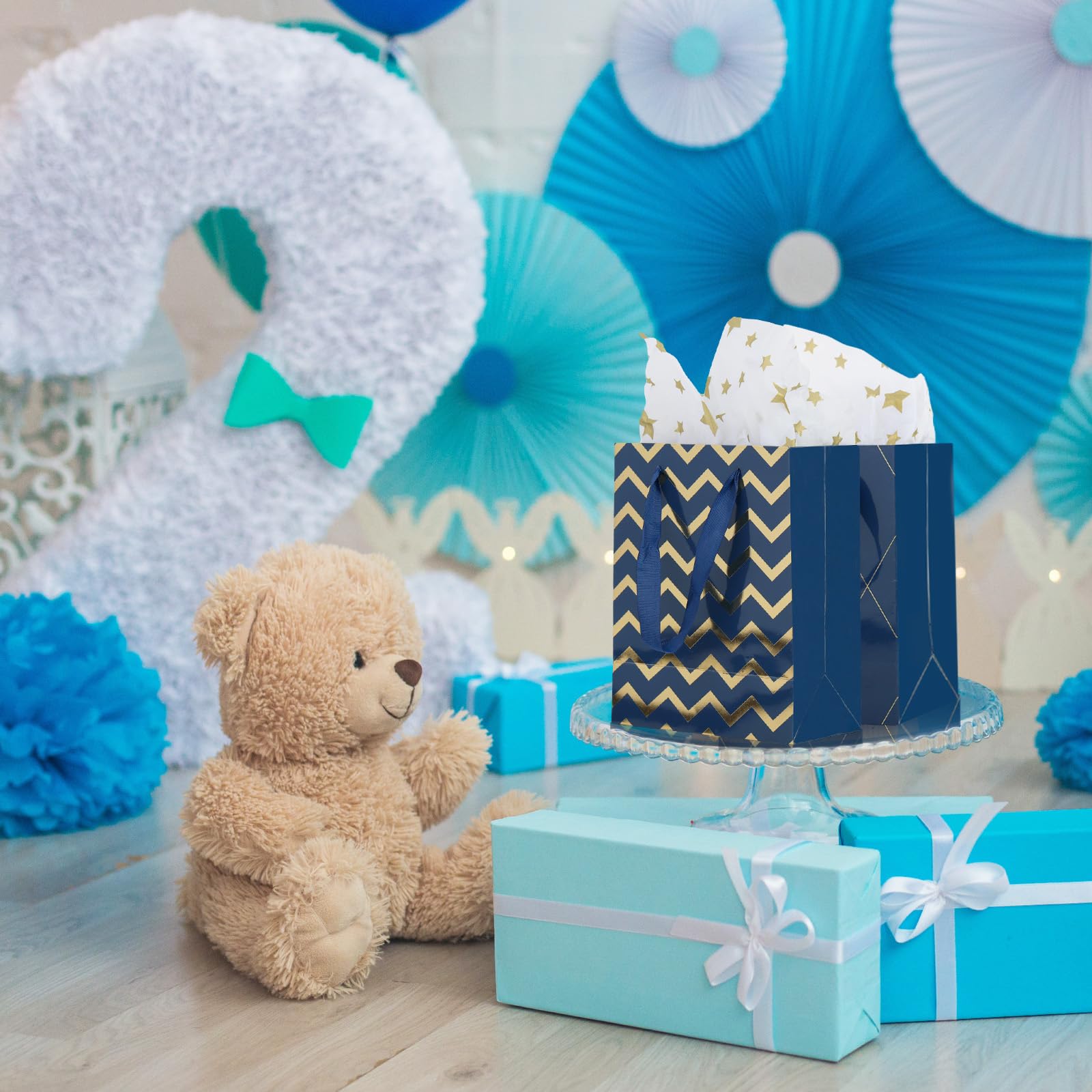 Moretoes 4 Pack Gift Bags Medium Size with Tissue Paper, Blue Gift Bags Assorted Premium for Birthday, Graduations, Wedding, Thanksgiving, Holiday, Father's Day (7" X 4" X 9")