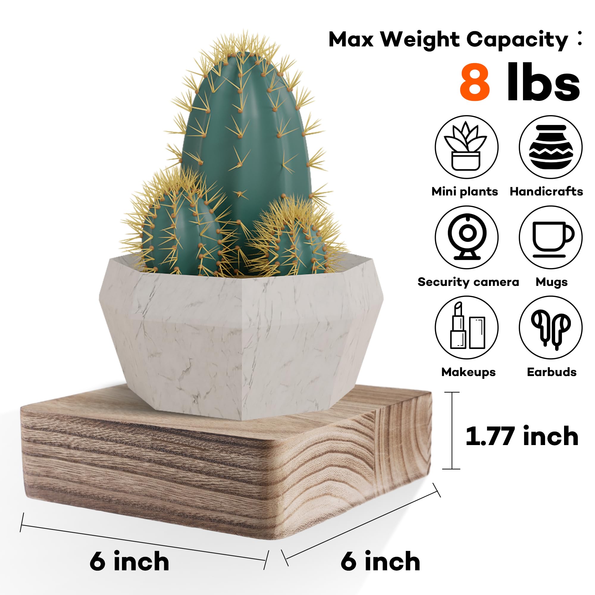 MITREL Small Floating Wood Shelf, 6x6 Inches, Mini Square Shelves for Small Spaces,Rustic Wall Storage for Plants and Photos, 1 pcs(Classic White)