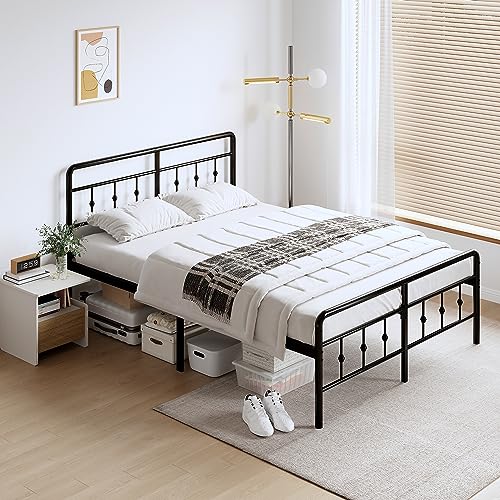 DiaOutro Classic Metal Platform Queen Bed Frame with Headboard and Footboard, 16 Inch No Box Spring Needed Heavy Duty Victorian Style Iron-Art Mattress Foundation/Under Bed Storage
