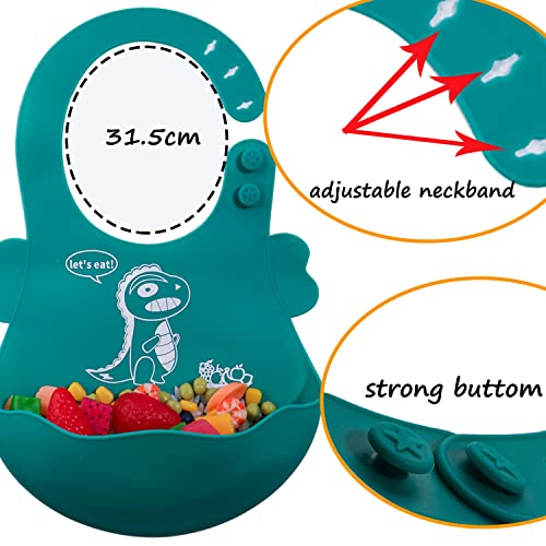 KAVONOI Baby Feeding Set,Silicone Suction Plate Dinosaur Shape SelfFeeding Adjustable Bib, Suction Plate for Baby Toddler with Spoon Fork Adjustable Bib Set -Blue Dinosaurs