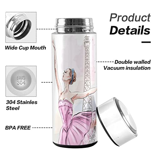 CaTaKu Eiffel Ballet Dancer Water Bottle Insulated 16 oz Stainless Steel Flask Thermos Bottle for Coffee Water Drink Reusable Wide Mouth Vacuum Travel Mug