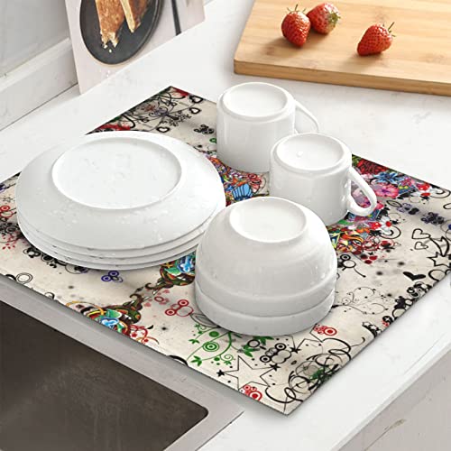 Love Heart Painting Printed Drying Mat For Kitchen Ultra Absorbent Microfiber Dishes Drainer Mats Non-Slip Silicone Quick Dry Pad - 18 X 16inch