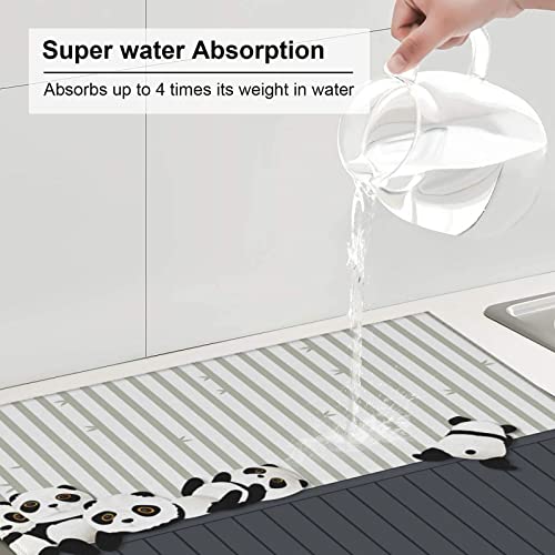 Funny Baby Panda Printed Drying Mat For Kitchen Ultra Absorbent Microfiber Dishes Drainer Mats Non-Slip Silicone Quick Dry Pad - 18 X 16inch