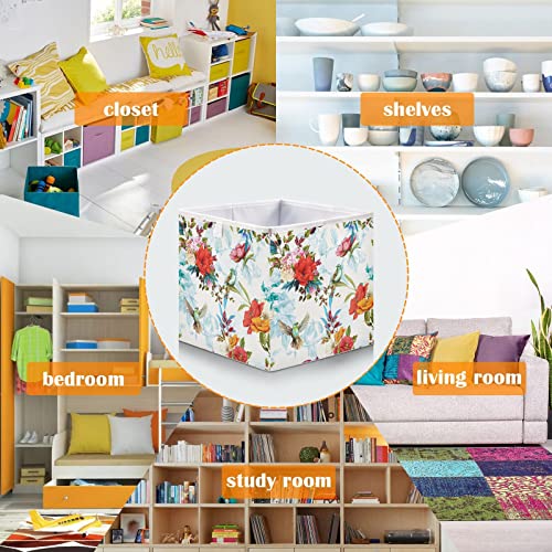 CaTaKu Poppy Rose Birds Storage Baskets Large Rectangular Storage Bins Baskets for Organizing Fabric Collapsible Storage Organizer for Shelves