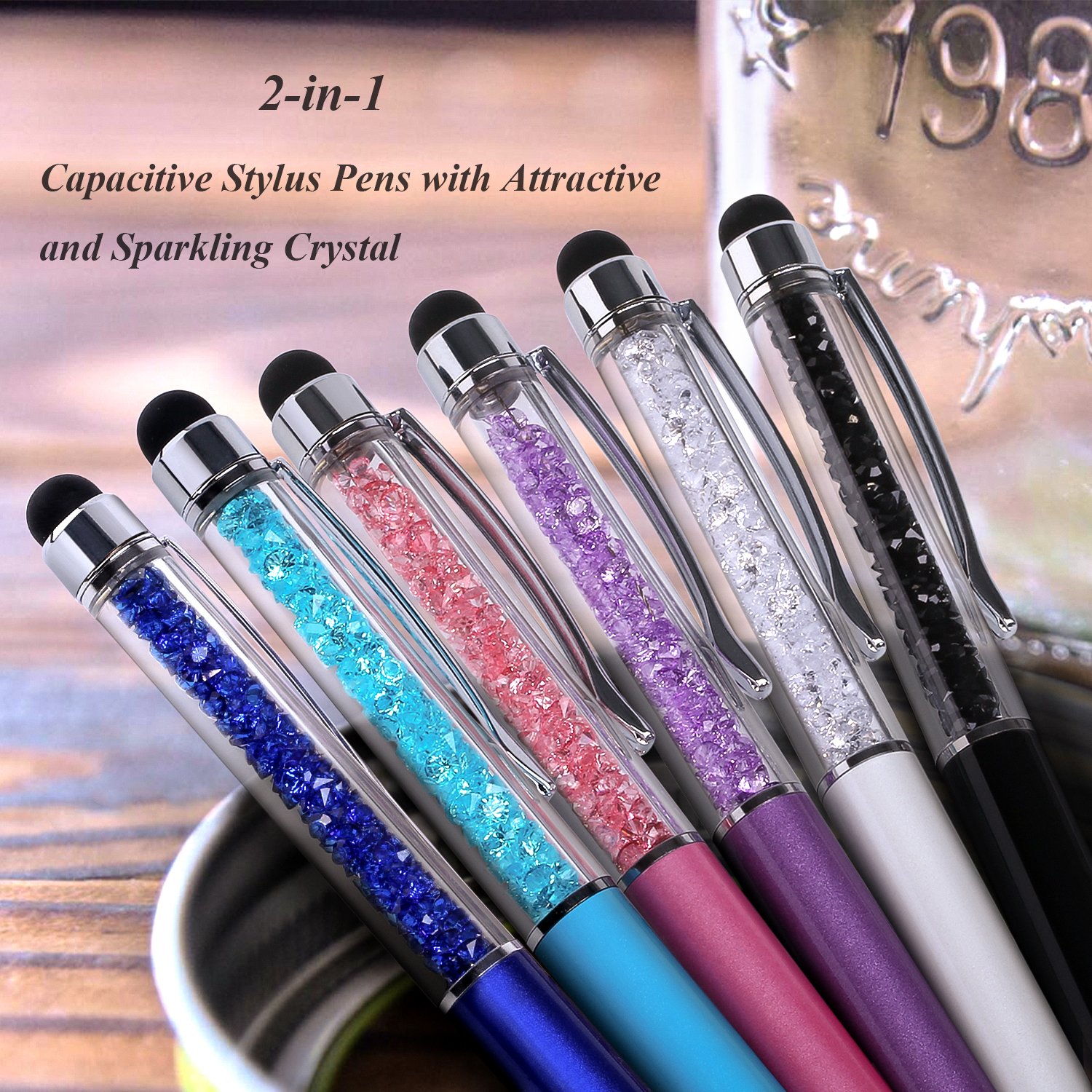 Stylus Pens, Besgoods 6Pcs Crystal 2 in 1 Slim Capacitive Stylus &Ballpoint Pen for Touch Screens, Phones and Tablets, Sky Blue pink Purple Royal Blue Black White