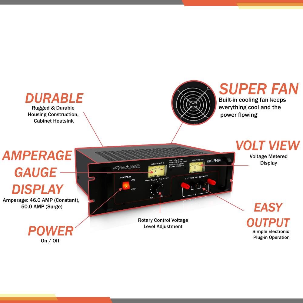PYRAMID PS52KX 46 Amp Power Supply with Built-In Cooling Fan, 21.18, 7.95