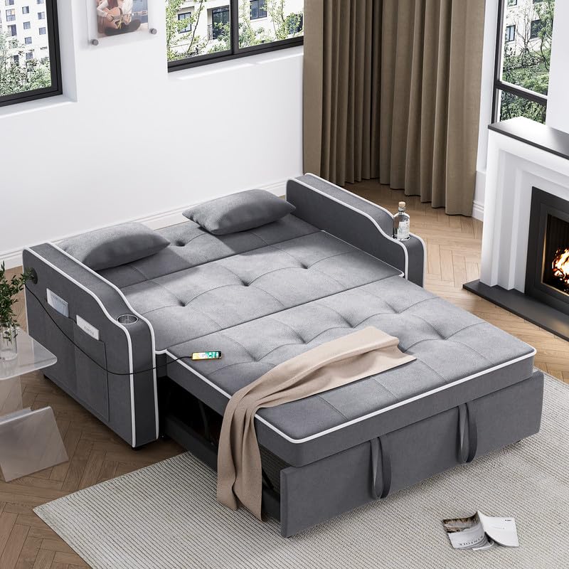 DAMAIFROM Sleeper Sofa Bed with USB Port, Velvet Pull Out Couch Bed, 3-in-1 Convertible Upholstered Loveseat Sofa,Velvet Futon Couch with Adjustable Backrest for Living Room,Dark Grey