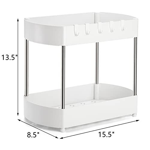Dicunoy Under Sink Organizer and Storage, Plastic Under Cabinet Shelf for Bathroom, Multi-Purpose White 2 Tier Counter Side Organizer Bins with Hooks for Kitchen, Coffee Bar, Office, Table