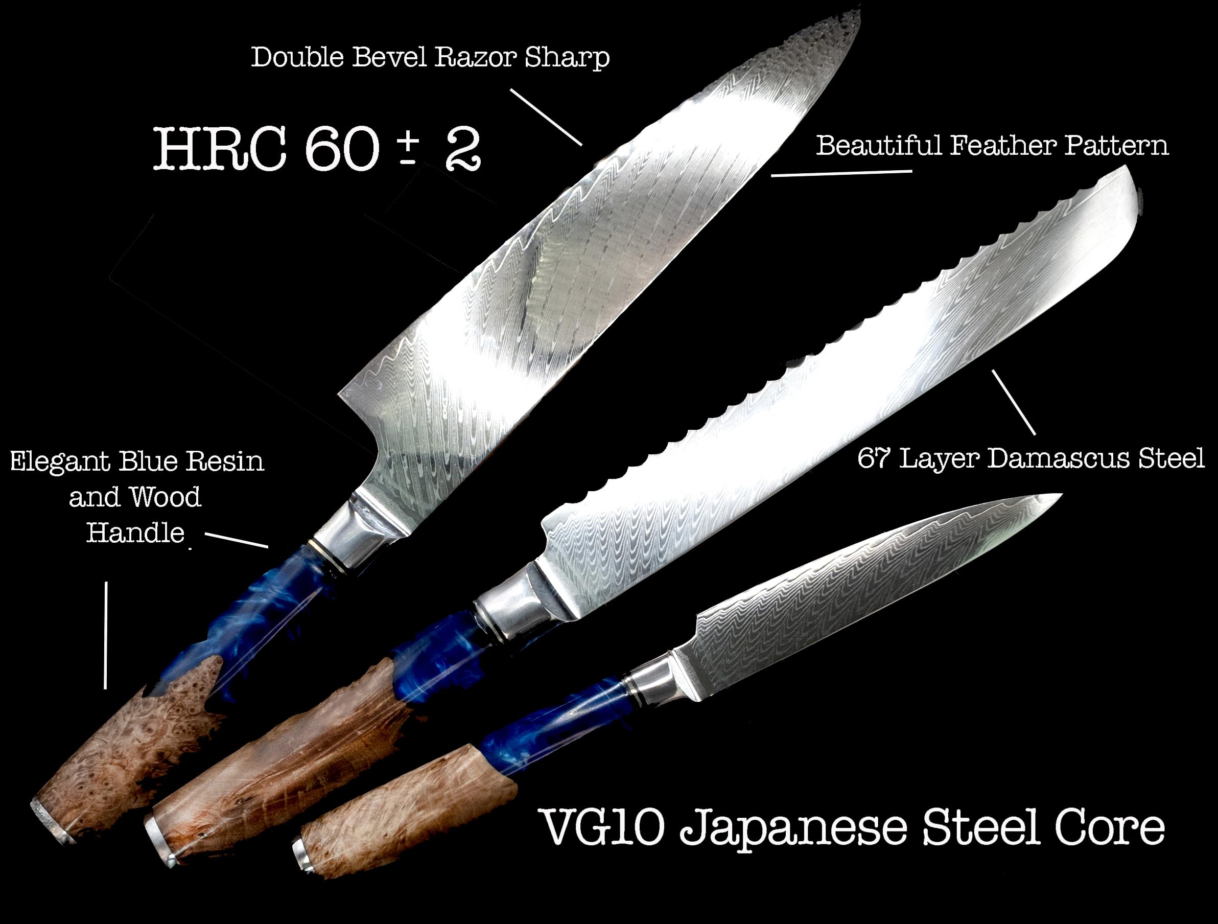 Damascus Kitchen Knife Set 3 piece, 67 Layer Handmade Damascus VG10 Steel Core Forged, 8" Chef Knife, 7,5" Serrated Knife, 5" Utility Knife, Resin Wood Handle, Gift Box Included