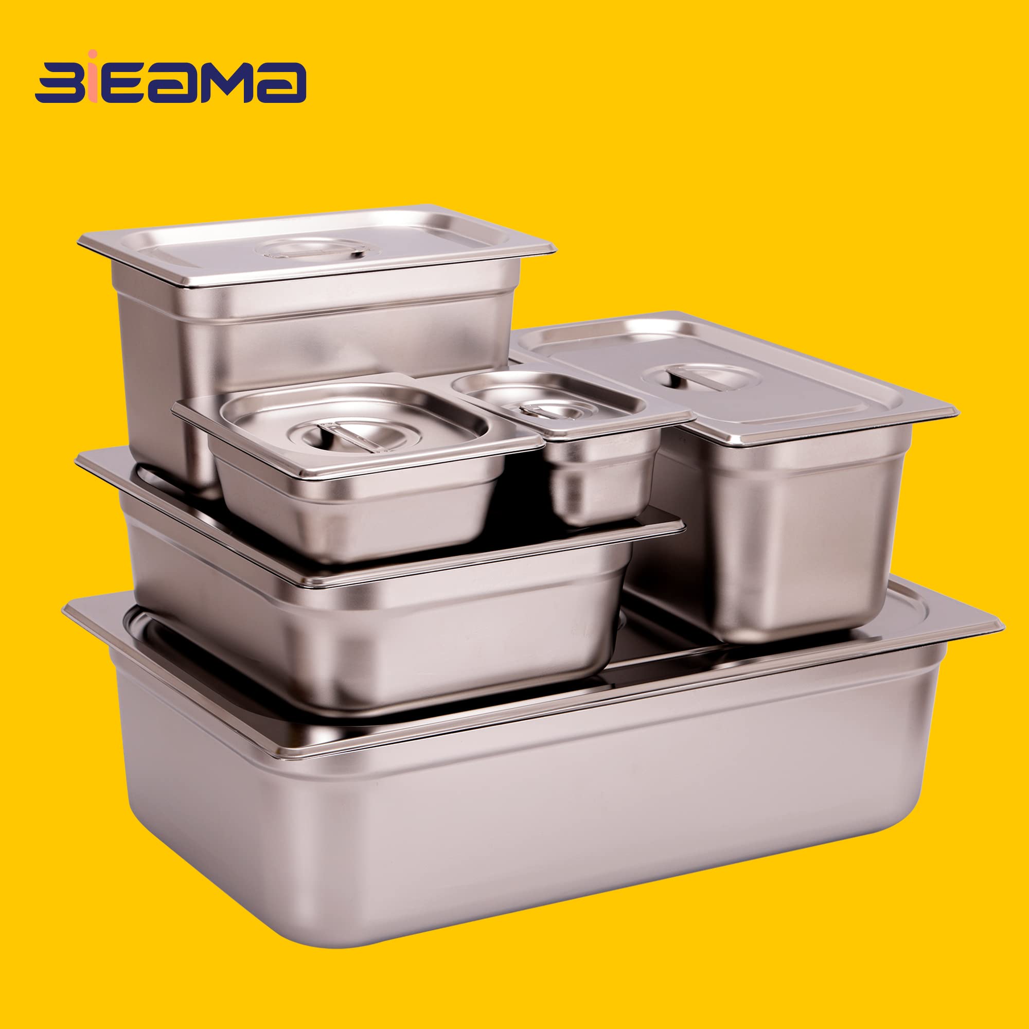 BIEAMA 6-Pack Hotel Pans with Lid, 1/4 Size 2.6" Deep, NSF, Catering Food Pan, Commercial Stainless Steel Pan with Cover