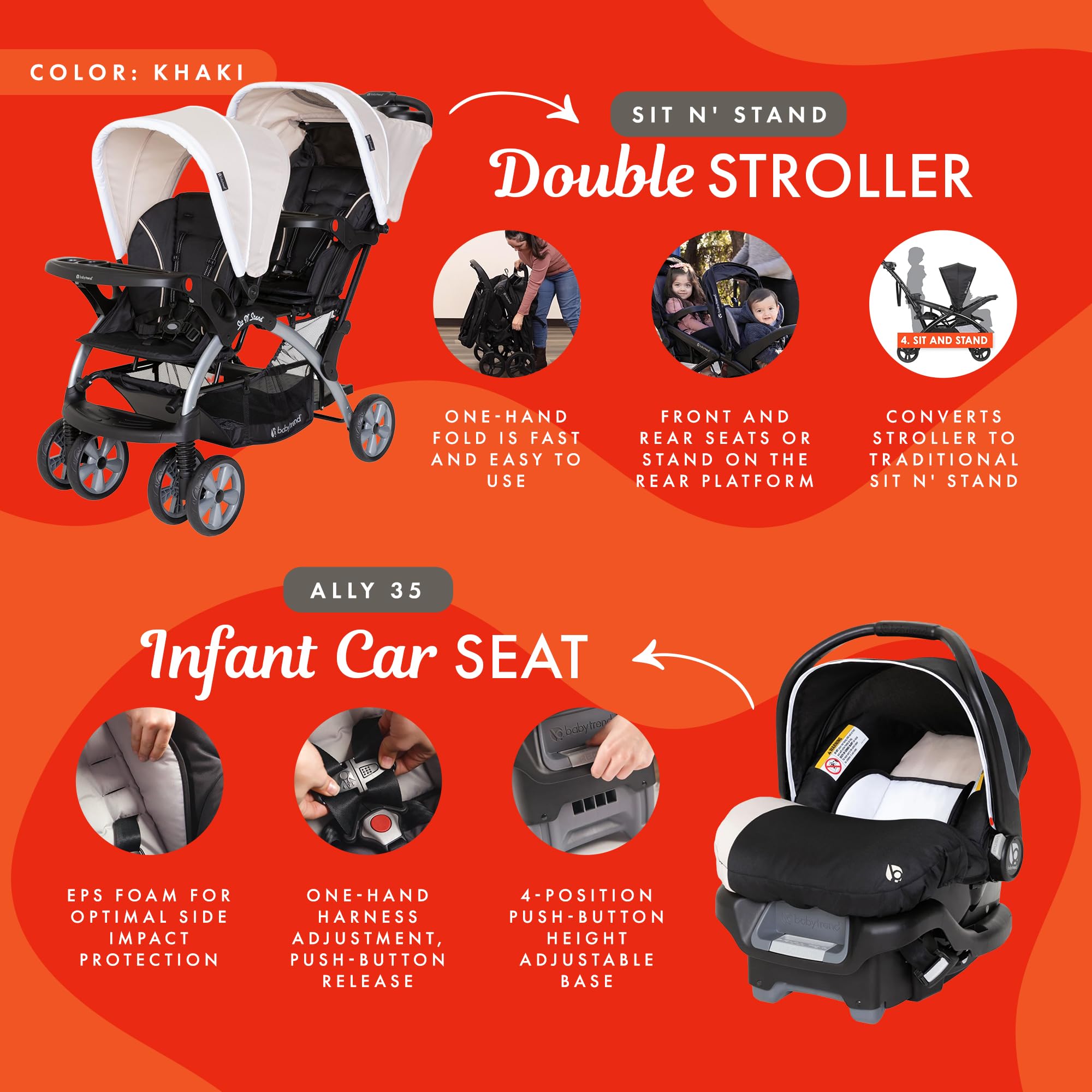 Baby Trend Sit N' Stand Easy Fold Travel Double Toddler and Newborn Stroller & 2 Single Infant Car Seat Combo Set, w/ Safety Harnesses & Cover, Khaki