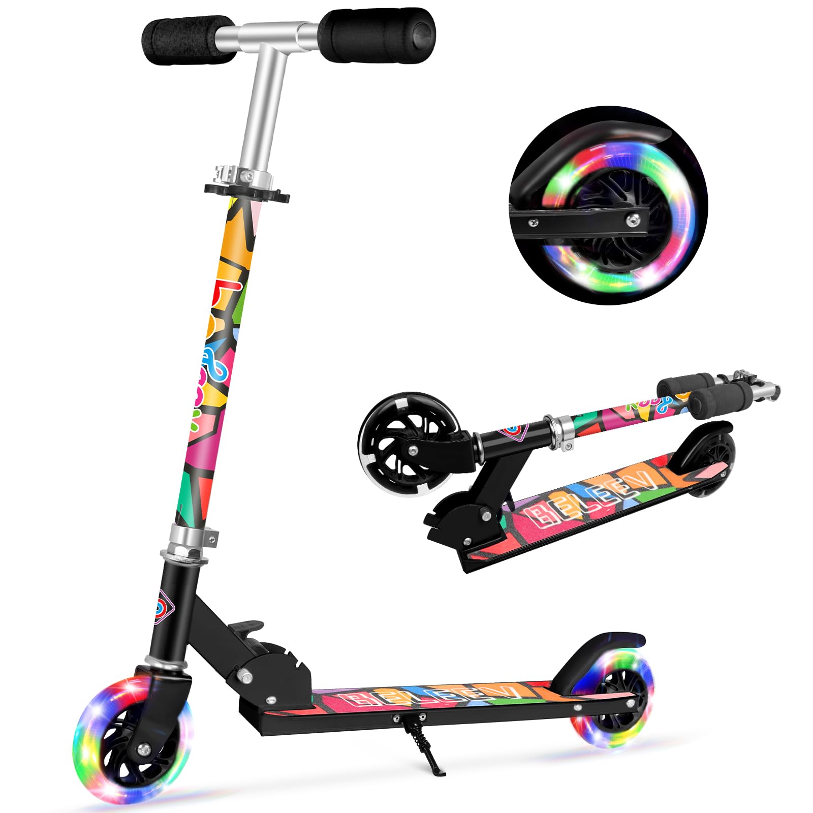 Beleev V1 Scooters for Kids 2 Wheel Folding Kick Scooter for Girls Boys, 3 Adjustable Height, Light Up Wheels, Kickstand for Children 3 to 12 Years Old