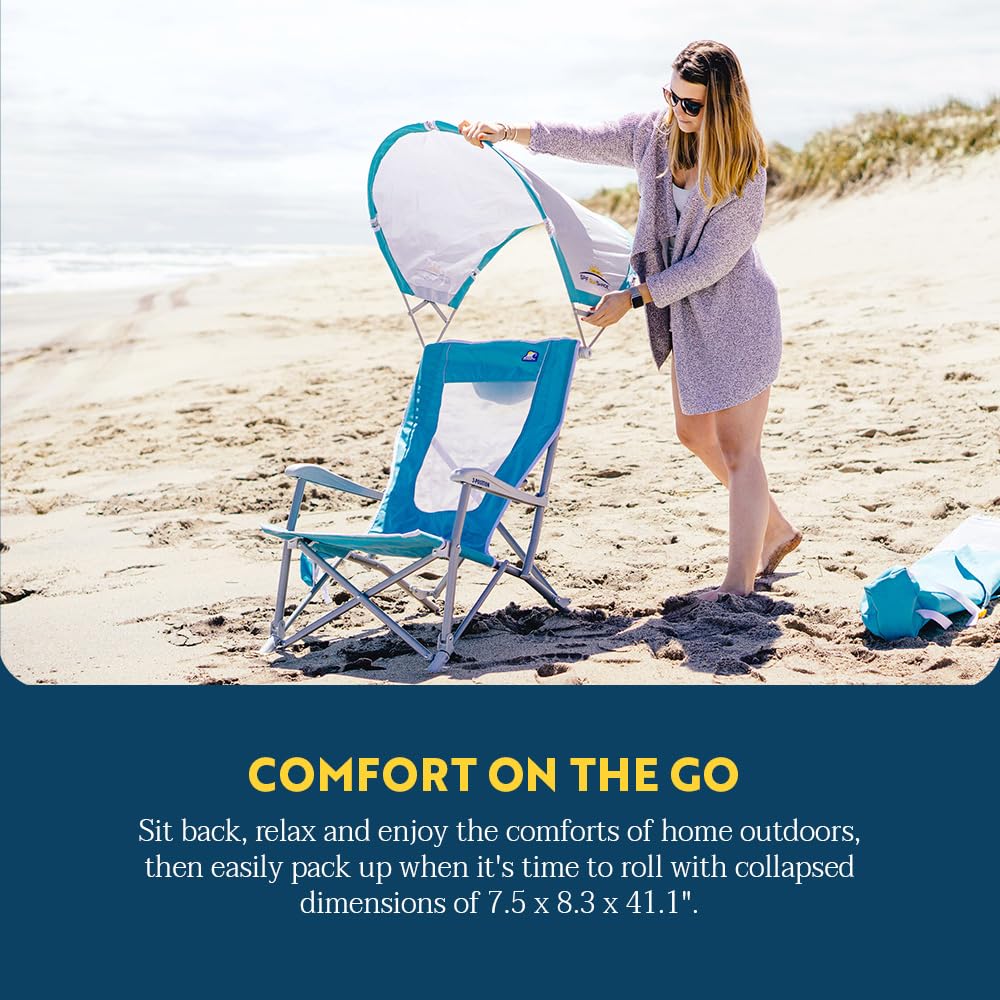 GCI Outdoor Sunshade Recliner Beach Chair | Collapsible Folding Canopy Shade Chair with Durable Armrests, Drink Holder & Portable Carry Bag, Perfect for Beach Trips & Picnics β Seafoam Green