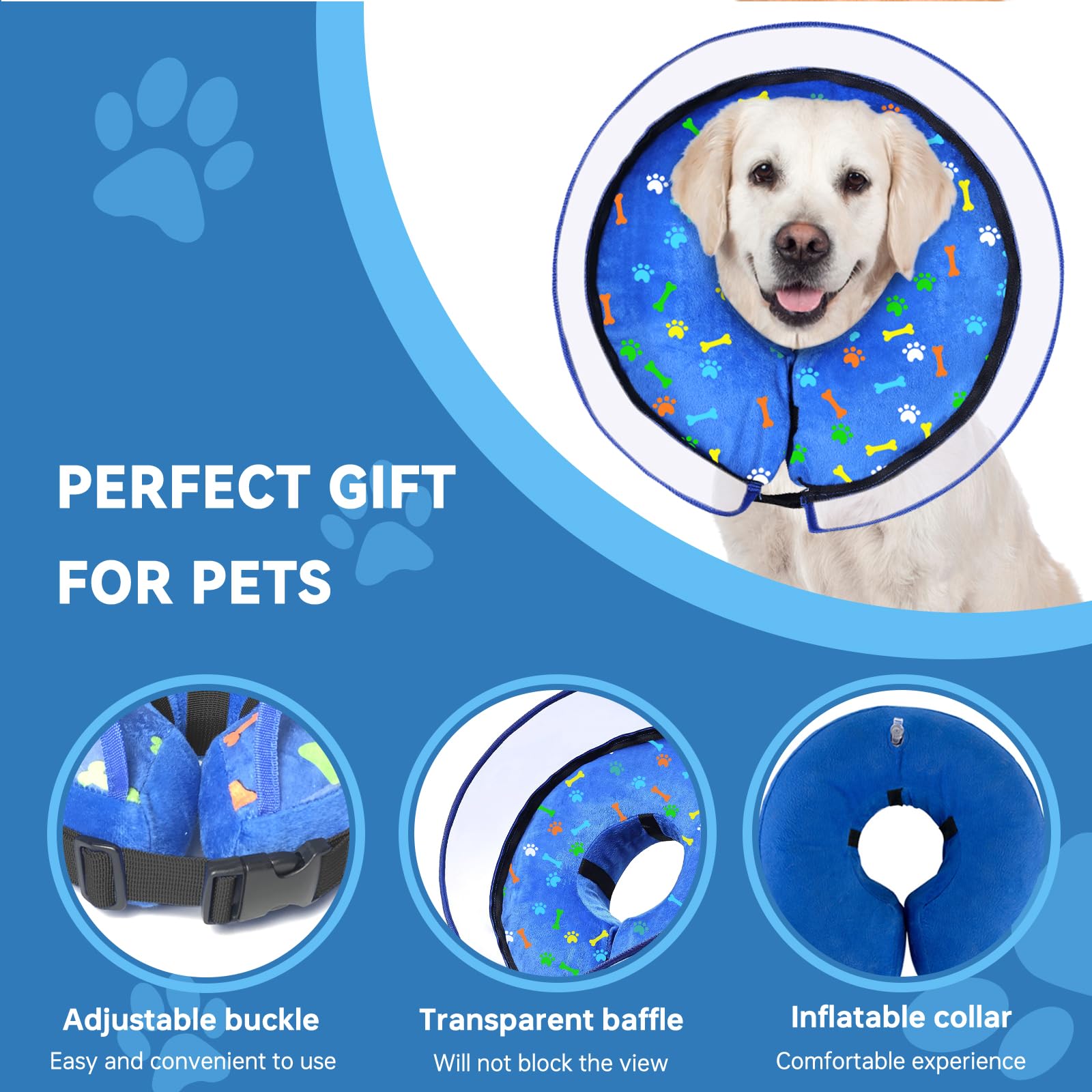 Dog Cone Collar, Inflatable Adjustable Dog Surgery Collar for Small Medium Dogs and Cats, Soft Dog Cone for Dogs After Surgery with Enhanced Anti-Licking, Protective Dog Donut Collar(M+)