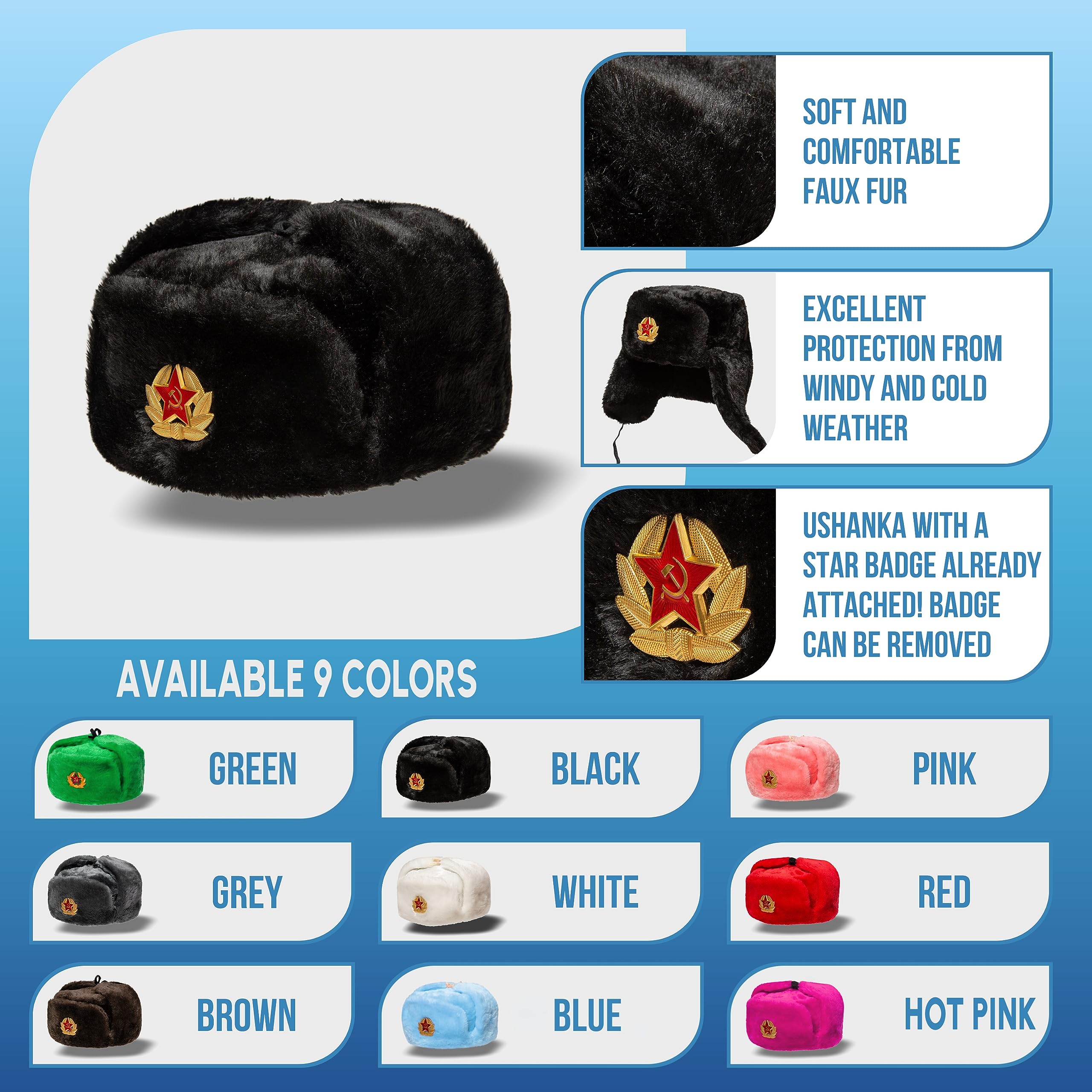 BELEON Ushanka Russian Fur Hat - Soviet Army Trapper Hat - Winter Hat