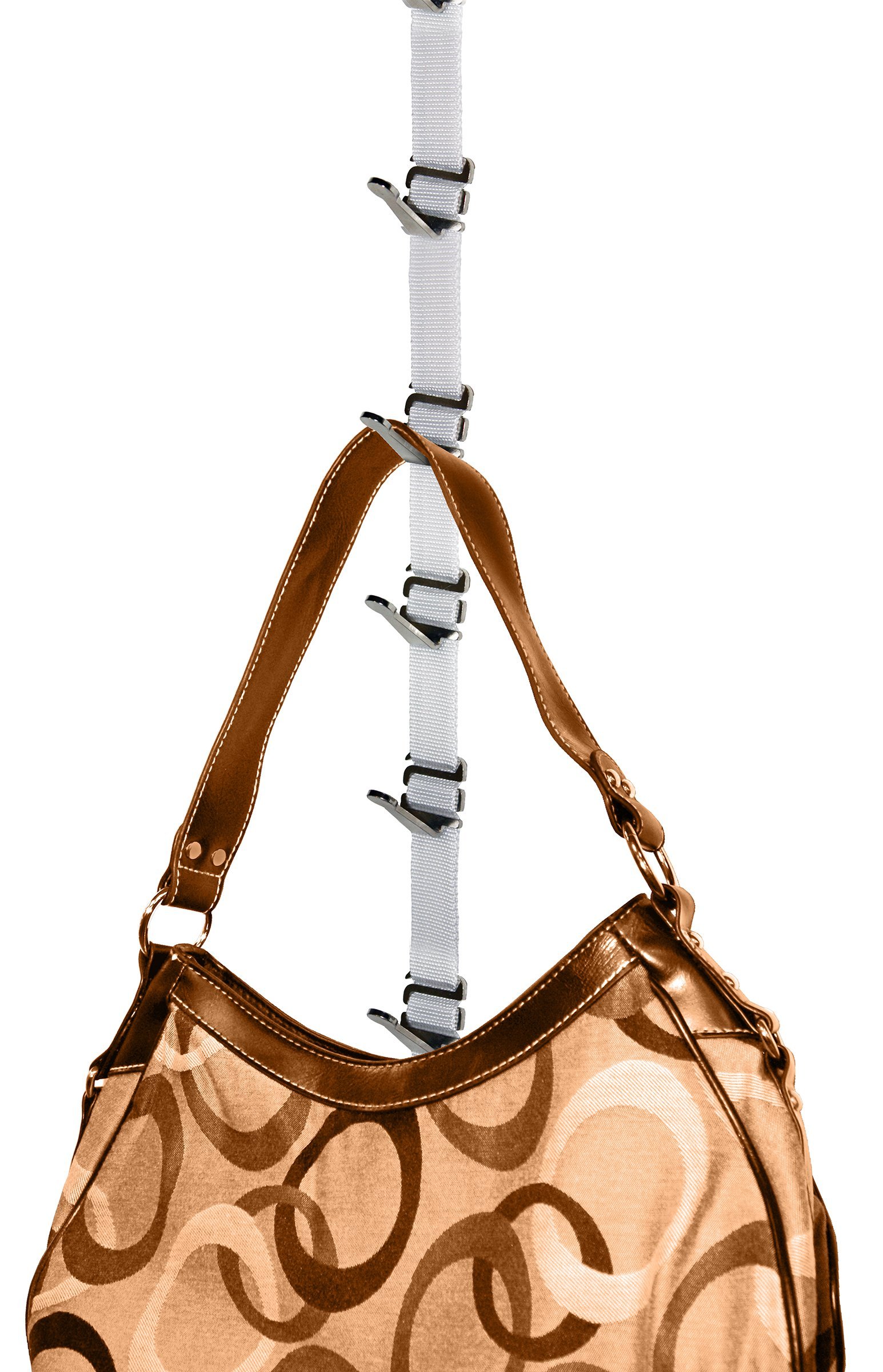 Jokari Heavy Duty Over The Door 16 Hook Purse Rack. Self Adjustable Elastic Straps with Moveable Metal Chrome Hooks to Store, Organize and Display Bags, Scarves or Hats and Save Closet Storage Space.