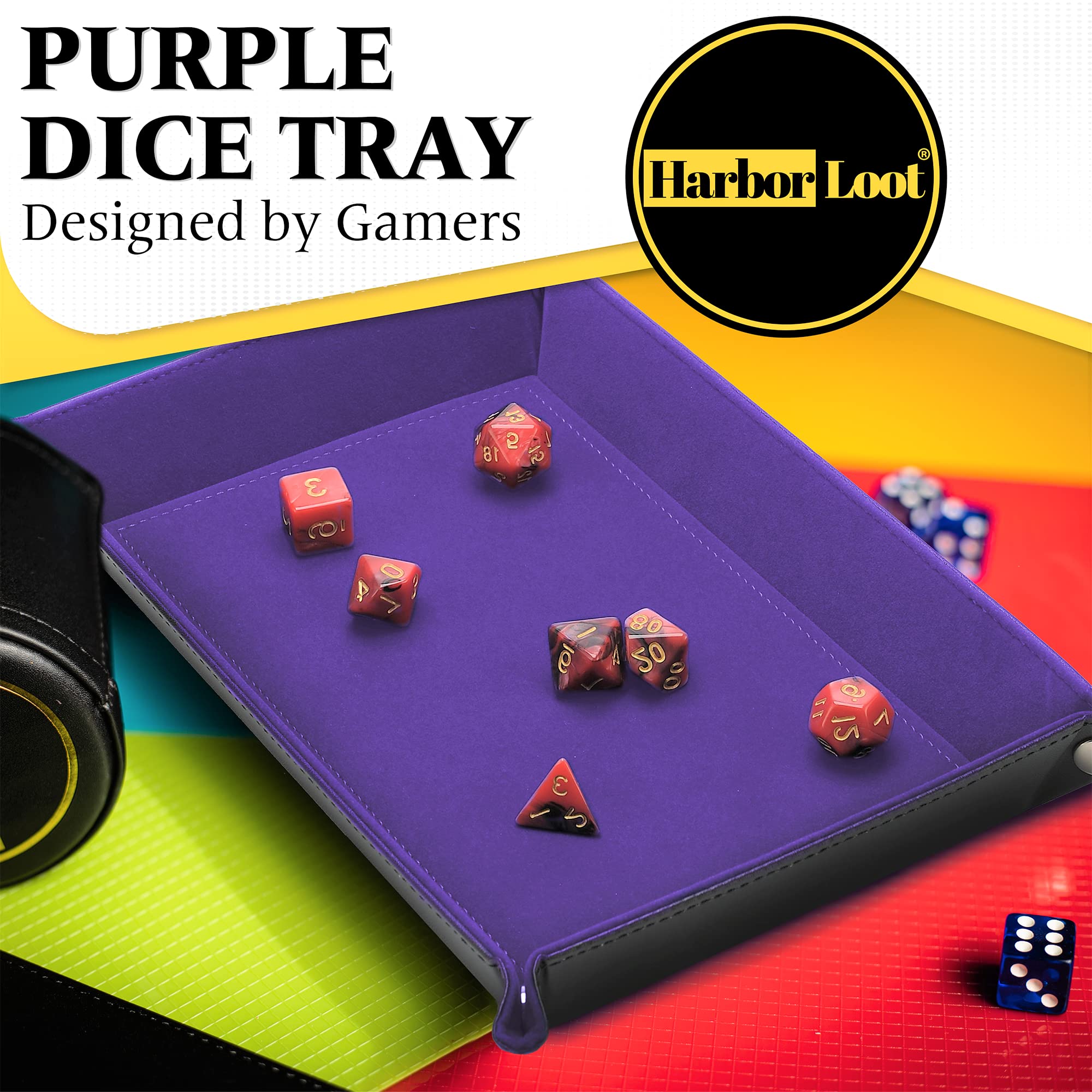 Harbor Loot Brand Black Dice Tray - Perfectly Sized at 8.5 x 11.25 Inches Unsnapped and 6.5 x 9.5 Snapped - Designed by Gamers - Packs Flat, Protects Your Table, and Keeps Dice Where They Belong