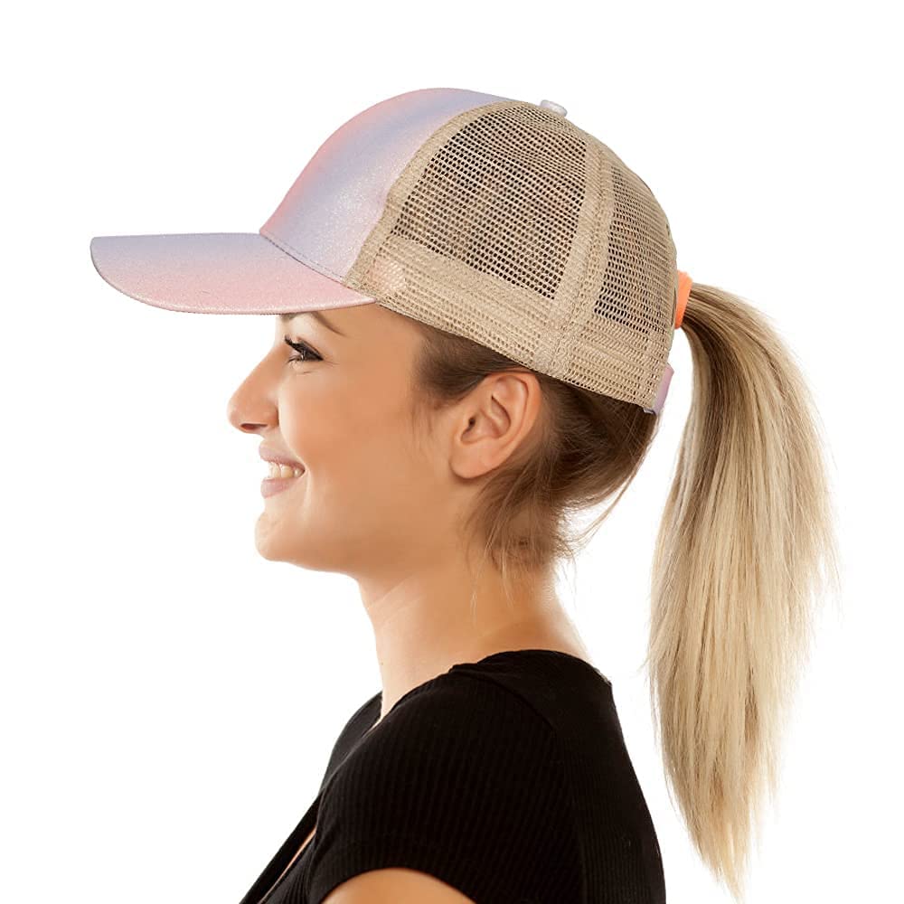 Bling Ponytail Hat Baseball Cap Mesh Criss Cross Ponytail Hat Women's Adjustable Messy Bun Hat Sequins Glitter Ponycap