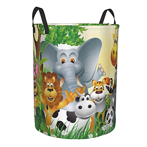 Laundry Basket,Animals In Jungle Elephant Giraffe Panda Bear Pig Lion Hippo Animation Cartoon Art,Large Canvas Fabric Lightweight Storage Basket/Toy Organizer/Dirty Clothes Collapsible Waterproof For College Dorms-Large