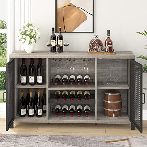 IBF Rustic Liquor Bar Cabinet, Industrial Coffee Wine Cabinet for Liquor and Glasses, Farmhouse Bar for Home Kitchen Living Dining, Sideboard Buffet Cabinet with Bar Rack Storage, Light Gray Oak 55 In