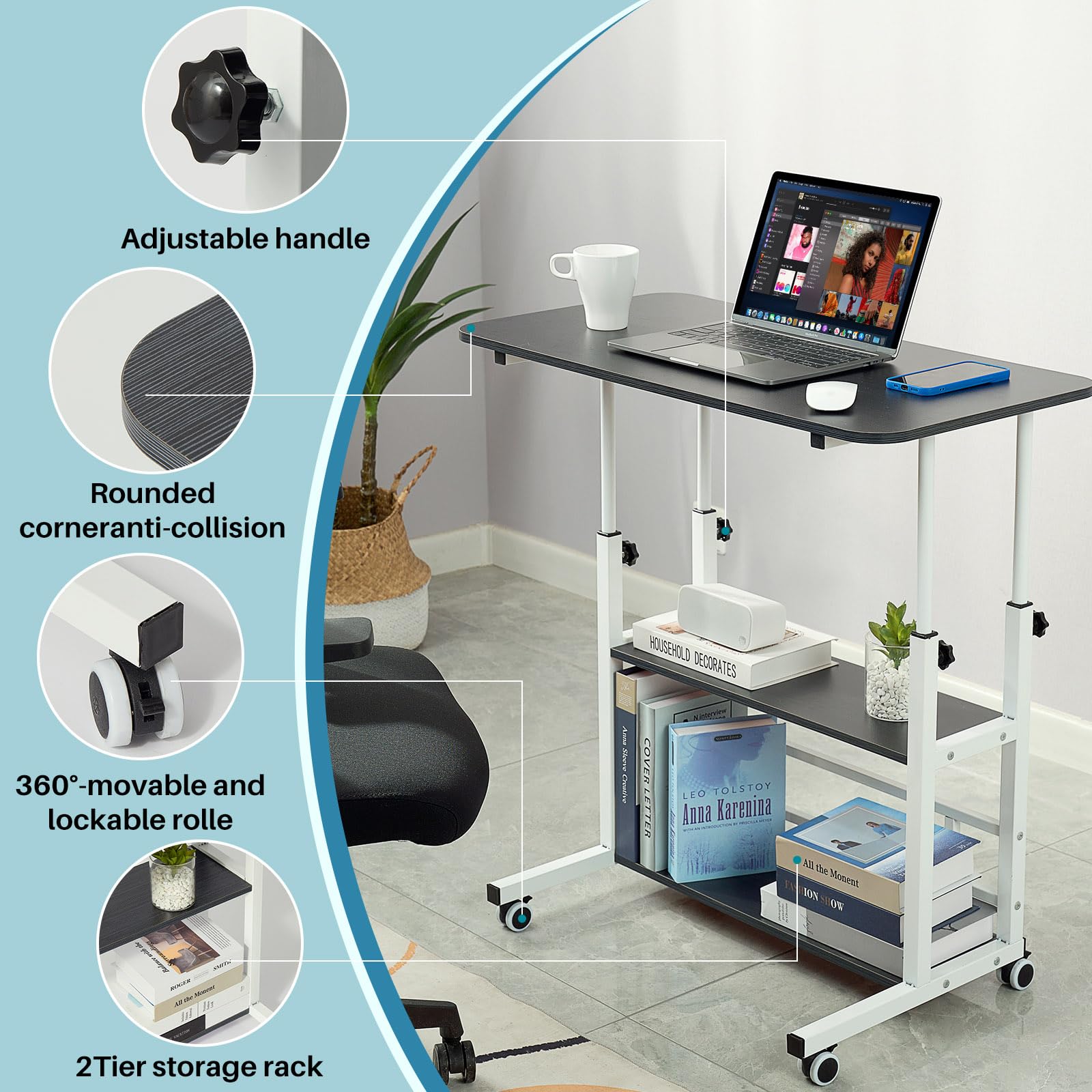 BYMECOST Adjustable Height Student Computer Desk, Mobile Portable Laptop Table for Home Office, 31.5" Small Spaces Standing Desk with Storage for Bedside Study Work Game on Wheels