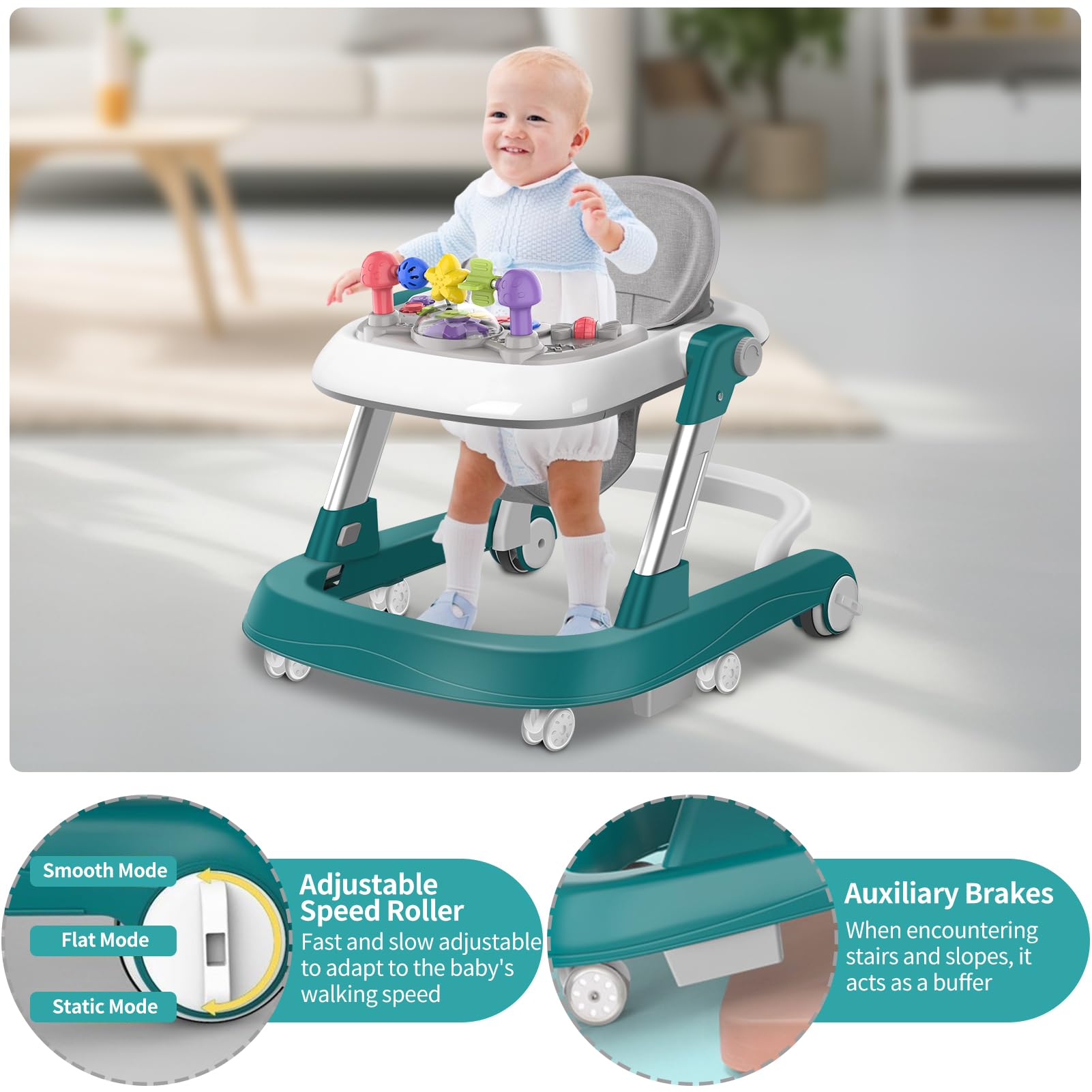 Baby Walker with Wheels, 2-in-1 Activity Walker Learning-Seated, Walk-Behind, Removable Play Tray, Adjustable Height & Speed, Foldable Baby Walker for Boys and Girls from 6-18 Months with Footrest