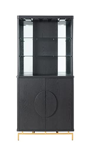 Home Source Black Bar Cabinet with Half Moon Handles and Metal Base