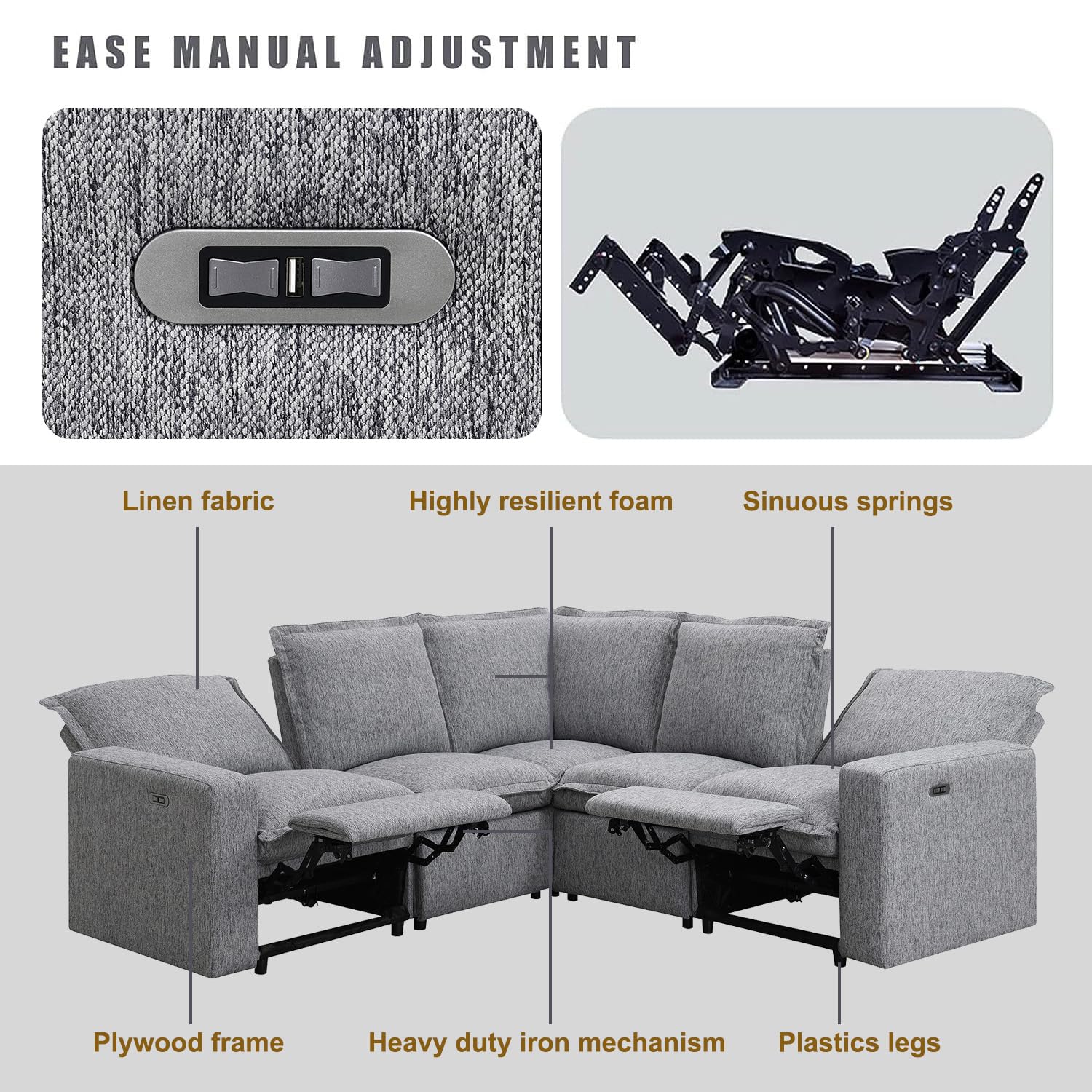 FREESNOOZE Power Reclining Sectional Sofa L-Shaped Recliner Corner Sofa, Home Theater Recliner Chair Couch with USB Port for Living Room/Bedroom Linen Fabric (Grey)