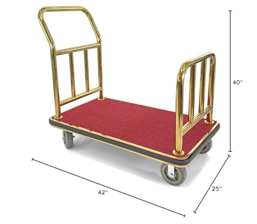 Hotel Luggage cart | Bellman's Cart | Rectangular Red Carpet Base | Steel Deluxe Platform Truck | Gold.