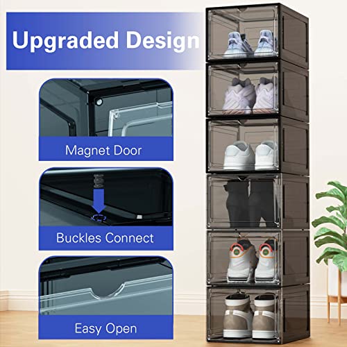 iBune 12 Pack Drop Front Shoe Storage Boxes, Clear Plastic Shoe Organizer for Closet, Easy Assembly, Stackable Foldable Shoe Containers for Display Sneakers Boots, Fit US Size up to 12, Black