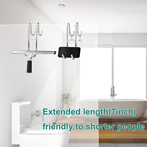 Haitis Shower Door Hooks, Extended Towel Hooks for Bathroom Frameless Glass Shower Door to Hand Suits, Robe, Towel, Squeegee, Loofah, Shaver 2 Pack Silver