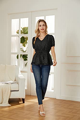 GRACE KARIN Women's Peplum Tops 2023 Summer V Neck Ruffle Short Sleeve Blouse Jacquard Flowy Shirt Tunic Top Black