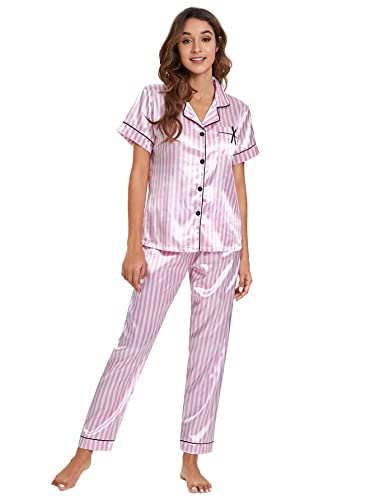 Floerns Women's Printed Two Piece Short Sleeve Sleepwear Long Pants Pajamas Sets Pink White Striped M
