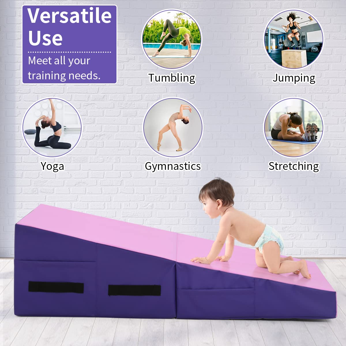 BLKMTY Gymnastics Mat Tumbling Mats Folding Mat 48"x24" Gymnastics Equipment Incline Mat Cheese Wedge Skill Shape Indoor/Outdoor Exercise Mat Yoga Mat for Kids Play Home Exercise Aerobics, Pink