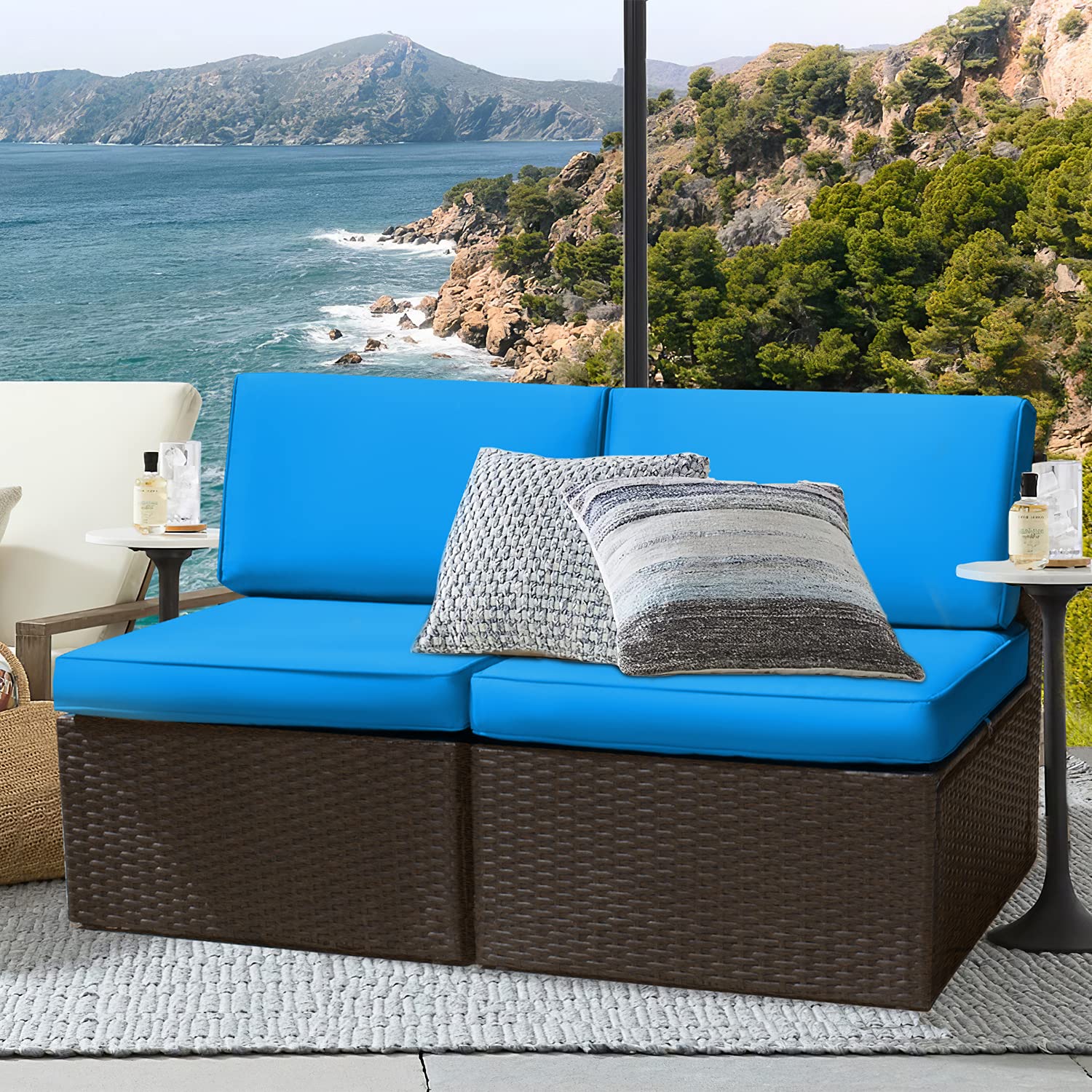 Devoko 2 Pieces Patio Furniture Sets All-Weather Outdoor Sectional Armless Sofa (Blue)