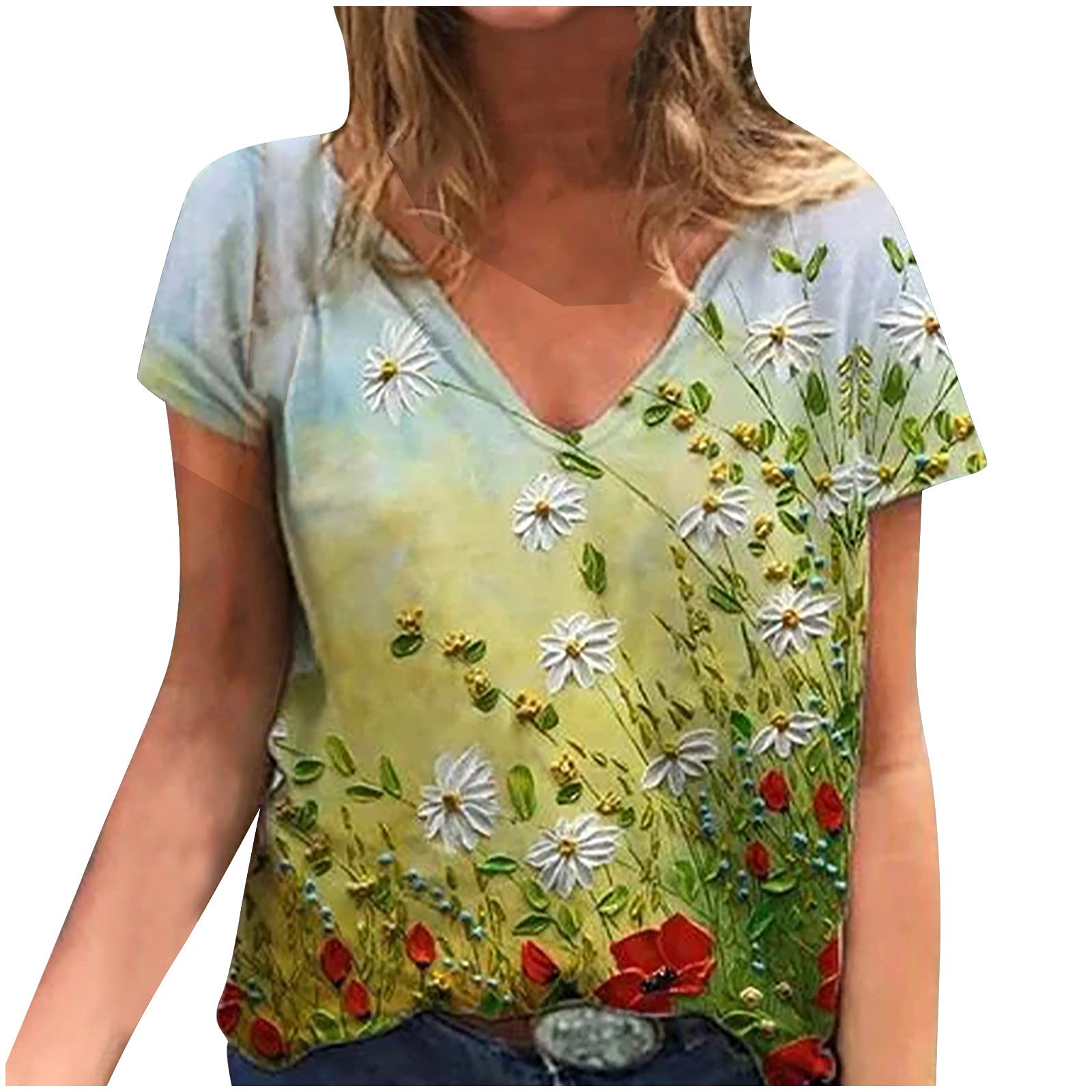 Bravetoshop Women Short Sleeve Shirts Graphic Printed Tees Tops Summer Casual V-Neck Tshirts Plus Size Blouse (Green,XL)