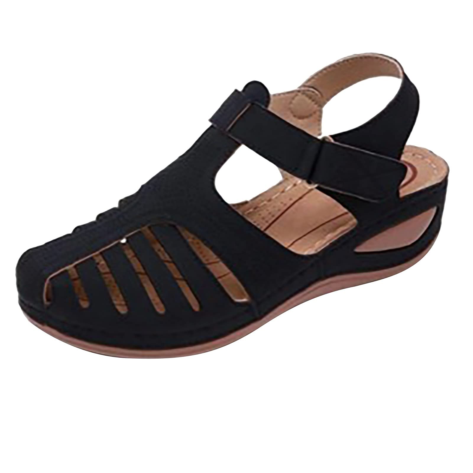 Bravetoshop Womens Wedge Sandals, Comfort Hook and Loop Summer Athletic Flat Sandals Walking Shoes (Black,13 US)