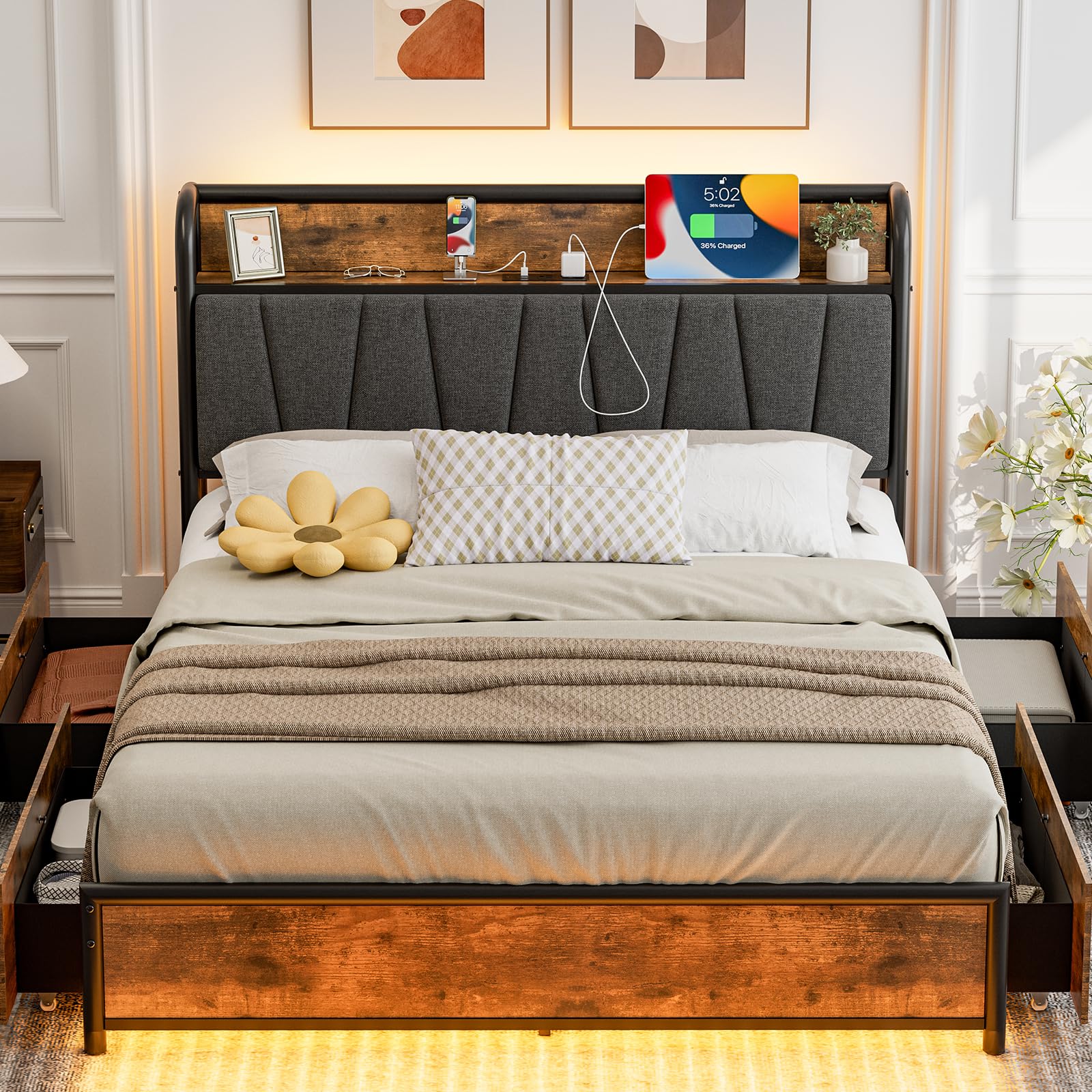 CIKUNASI Queen Size Bed Frame with Headboard and Storage, 4 Drawers Platform Bed Frame Queen Size with Storage Chargin Station LED Light Bed Frame, Heavy Duty