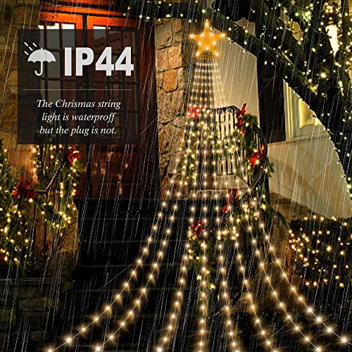 Ghope 298 LED 11.5ft Christmas Decorations Waterfall Lights,8 Modes Timer IP44 Waterproof Christmas Light,Tree Lights with Star Topper,Hanging Fairy Twinkle Lights for Holiday, Party, Wedding