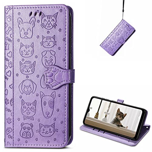 CCSmall for Oppo A17 PU Leather Flip Wallet Case, Cute Cat Dog Cartoon Style with Card Slots Holder Phone Cover Case for Oppo A17 MG Purple