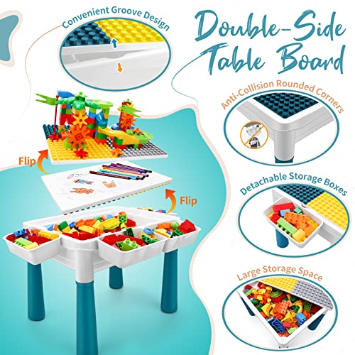 ROGALALY Kids Activity Table Set, All-in-One Multi Activity Table with Storage, 105pcs Building Blocks Table Compatible with Classic Bricks, Craft Learn Play Water Sand Table for Boys Girls