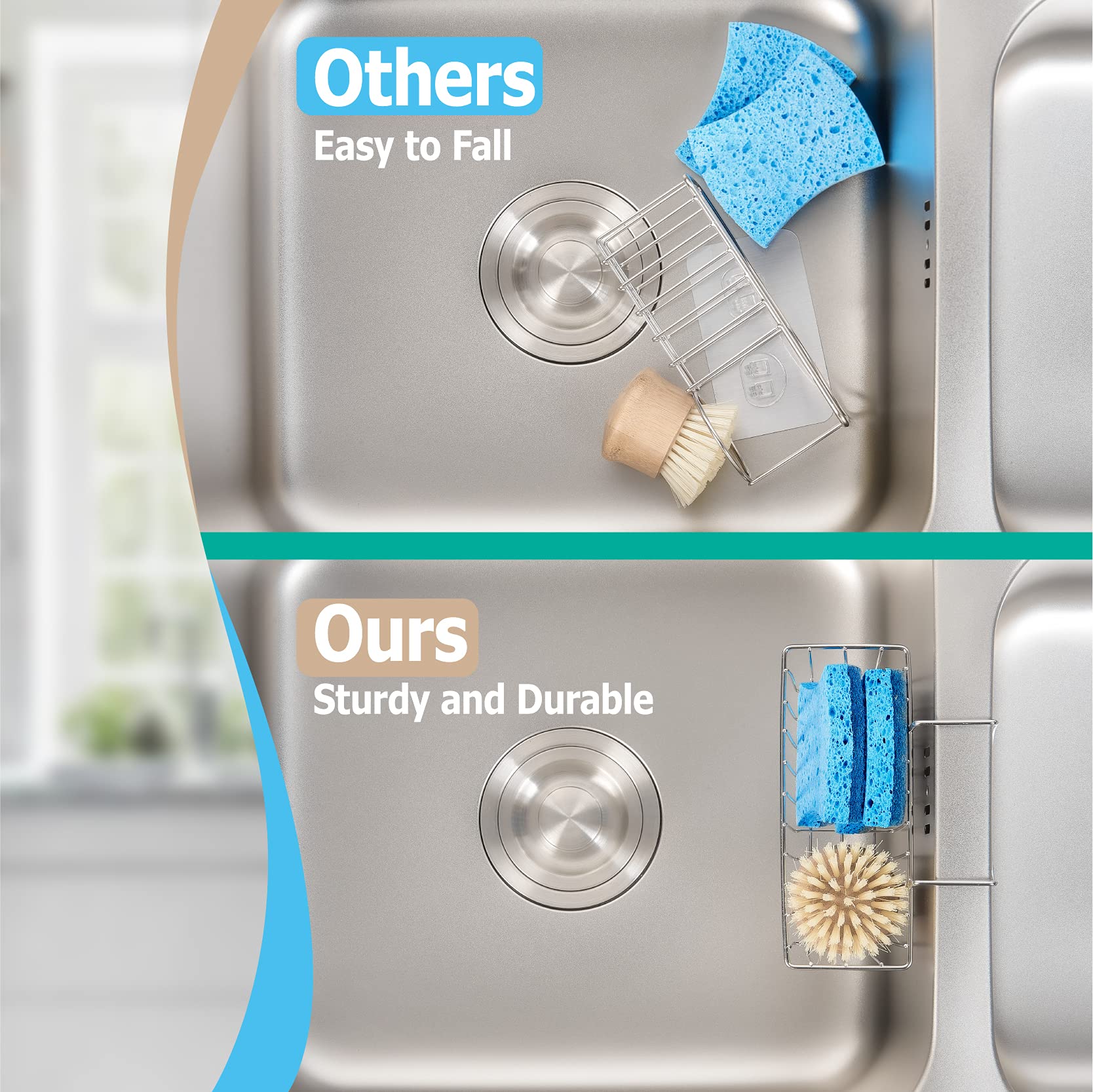 Damita Kitchen Sponge Holder Sink Basket Sink Caddy Brush Dishwashing Liquid Drainer Rack Silver Small (6.7" x 4.5" x 4.5")