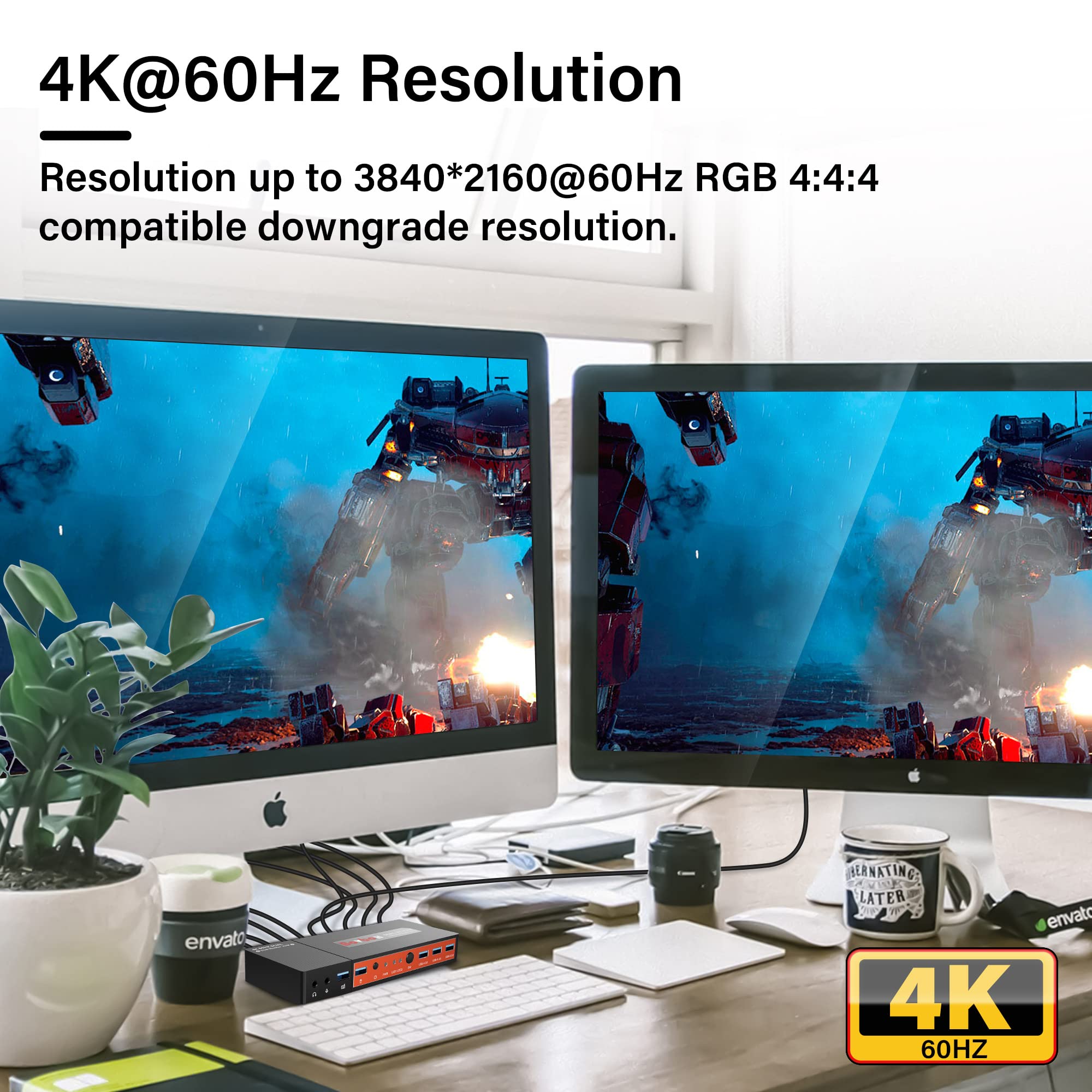 BovBox KVM Switch DisplayPort, HDMI KVM Switches 2 Port Dual Monitor Extended Display, 4K@60Hz 4:4:4 KVM Switch 2 Monitors 2 Computers with 3 USB 3.0 Hub, Audio, Hotkey & Button Switching